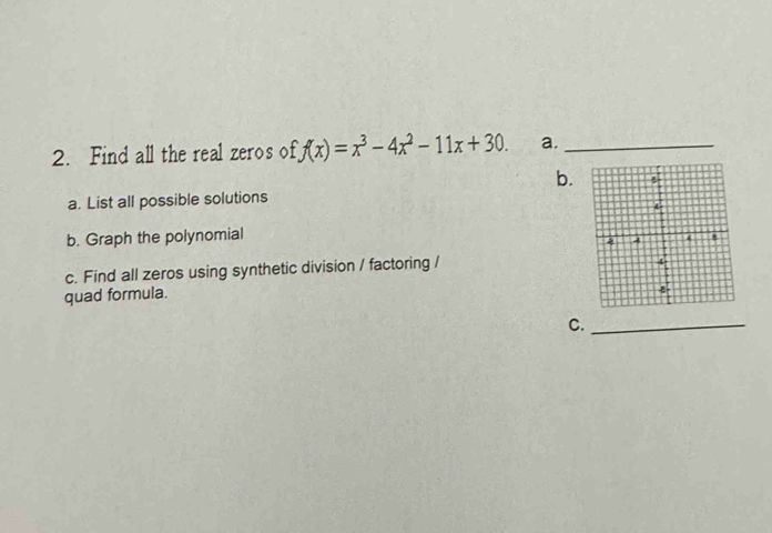 Solved: Find all the real zeros of f(x)=x^3-4x^2-11x+30. a._ b. a. List ...