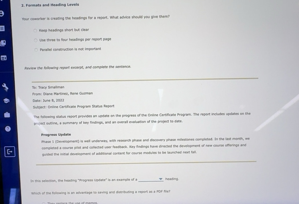 Solved: Formats and Heading Levels Your coworker is creating the ...