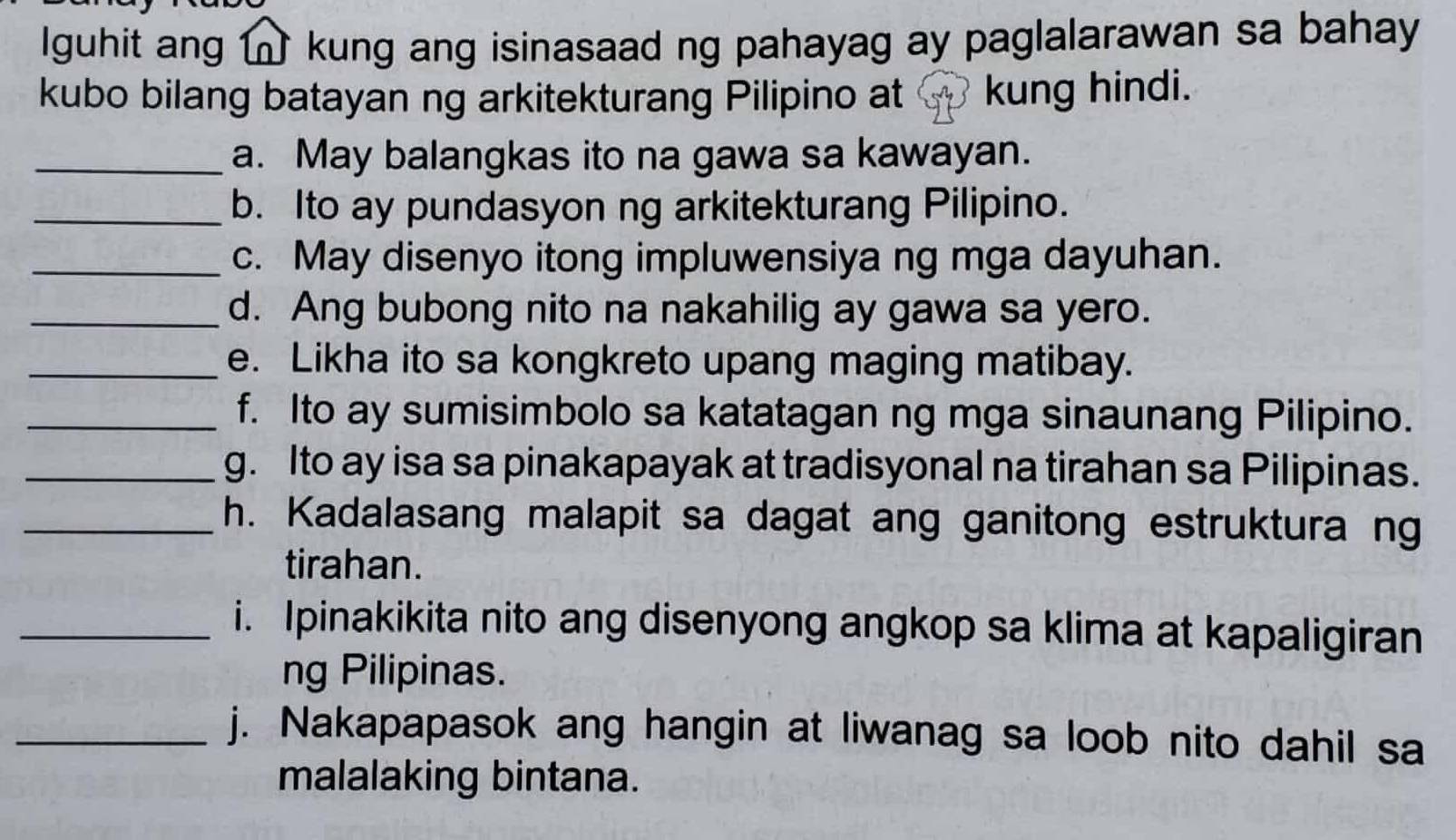 Solved: Iguhit ang 1 kung ang isinasaad ng pahayag ay paglalarawan sa ...