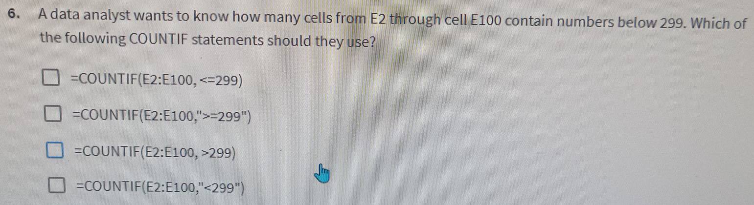 Risolto:A data analyst wants to know how many cells from E2 through ...