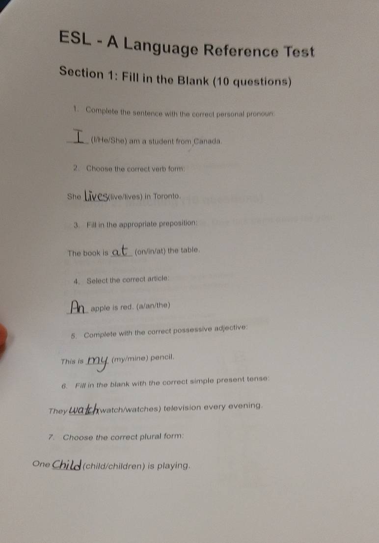 Gelöst:ESL - A Language Reference Test Section 1: Fill in the Blank (10 ...