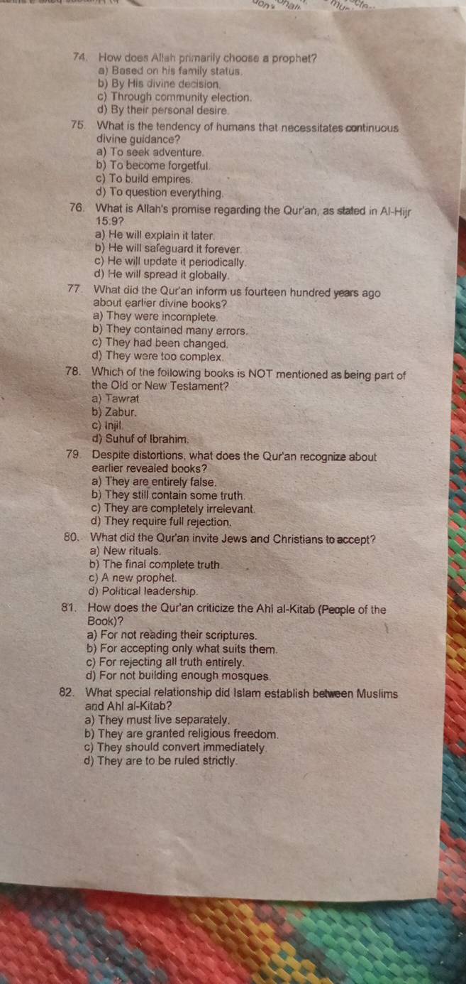 Solved: How does Allsh primarily choose a prophet? a) Based on his ...