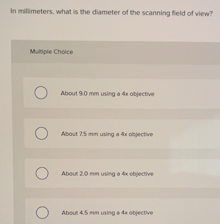 Solved: In millimeters, what is the diameter of the scanning field of ...