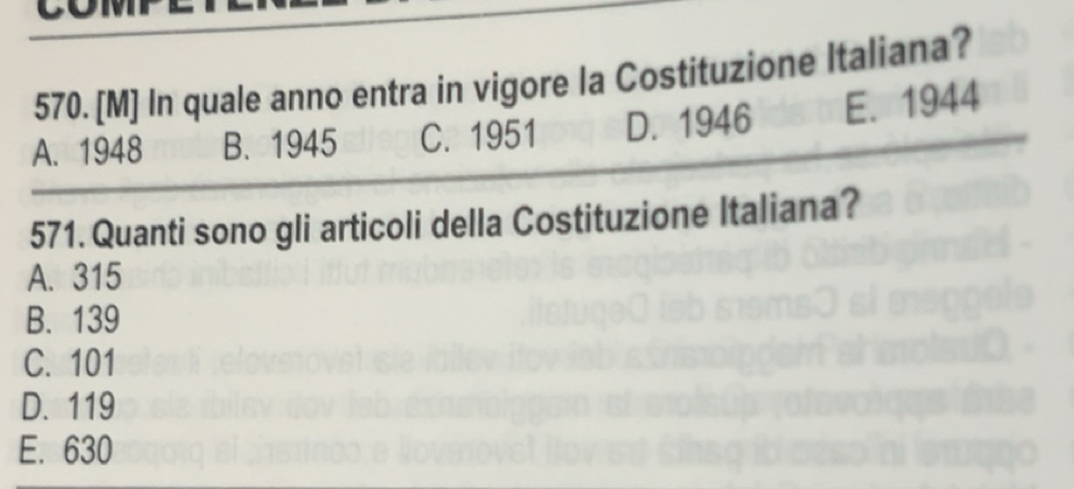 Risolto:[M] In quale anno entra in vigore la Costituzione Italiana? A ...