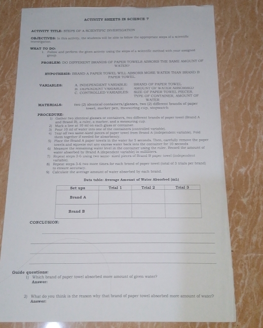 Solved: ACTIVITY SHEETS IN SCIENCE 7 ACTIVITY TITLE: STEPS OF A ...