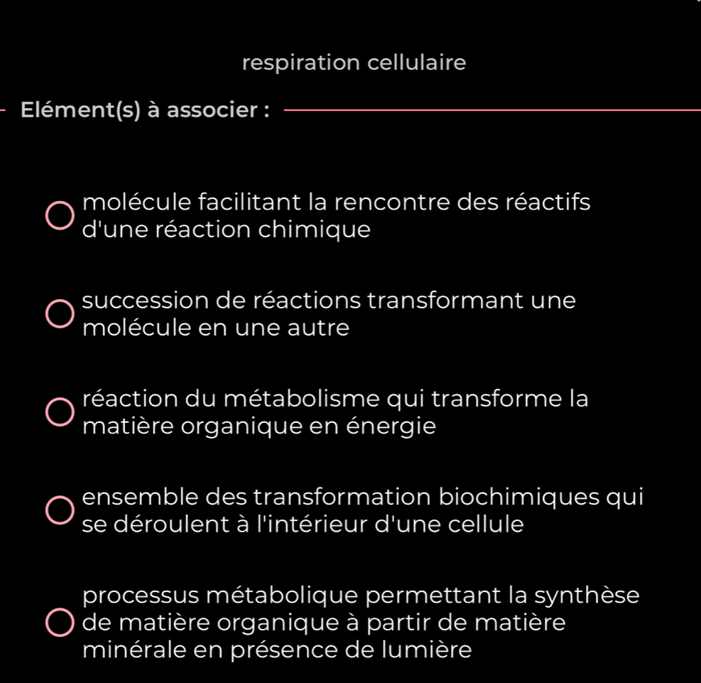 Résolu :respiration cellulaire Elément(s) à associer : molécule ...