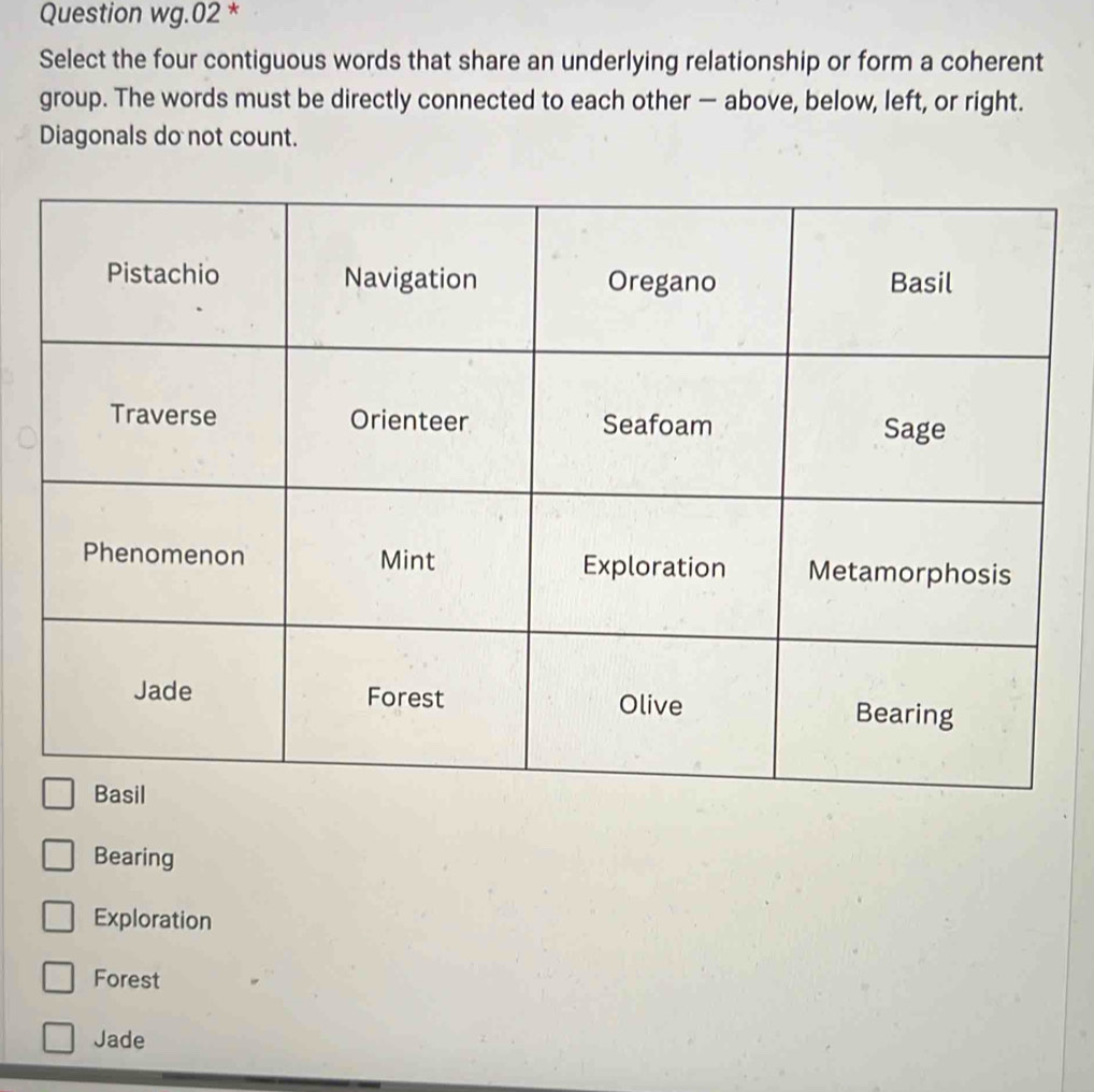 Resolvido:Question wg.02 * Select the four contiguous words that share ...