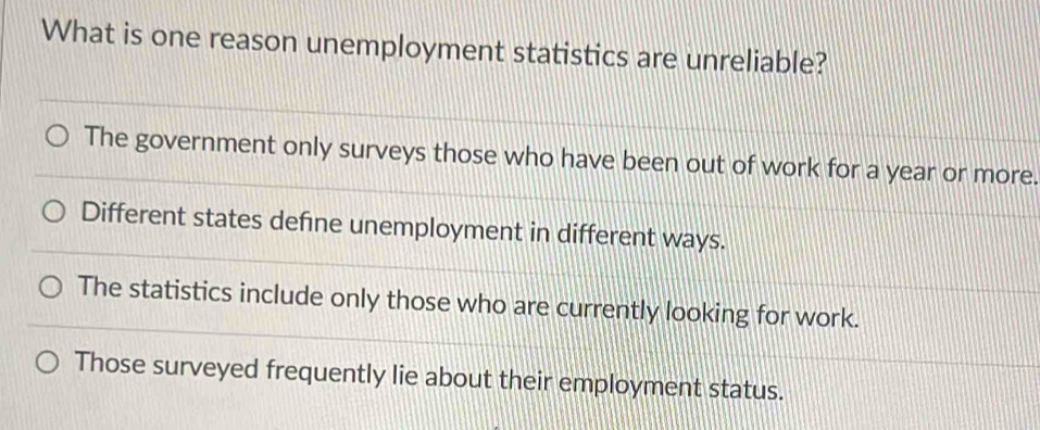 Solved: What is one reason unemployment statistics are unreliable? The ...
