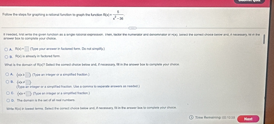 Solved: Follow the steps for graphing a rational function to graph the function R(x)= 5/x^2-36 ...