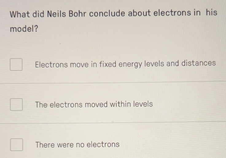 Solved: What did Neils Bohr conclude about electrons in his model ...
