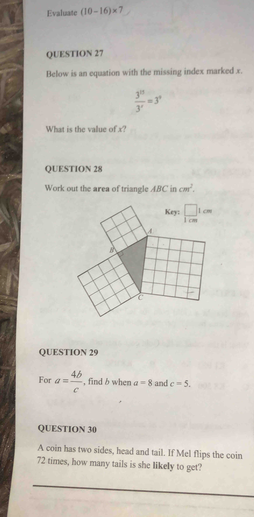 Solved: Evaluate (10-16)* 7 QUESTION 27 Below is an equation with the ...