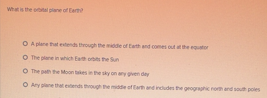 Solved: What is the orbital plane of Earth? A plane that extends ...