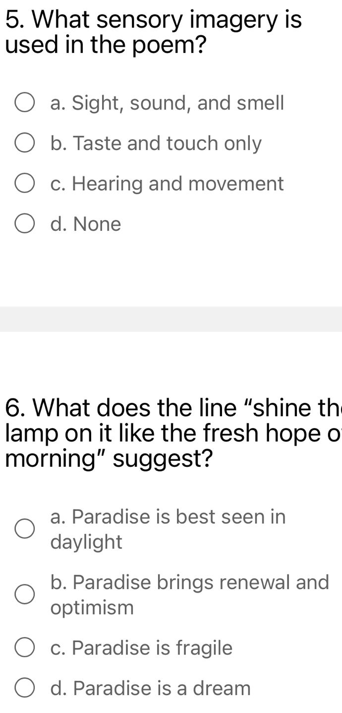 Solved: What sensory imagery is used in the poem? a. Sight, sound, and ...