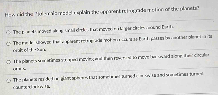 Solved: How did the Ptolemaic model explain the apparent retrograde ...