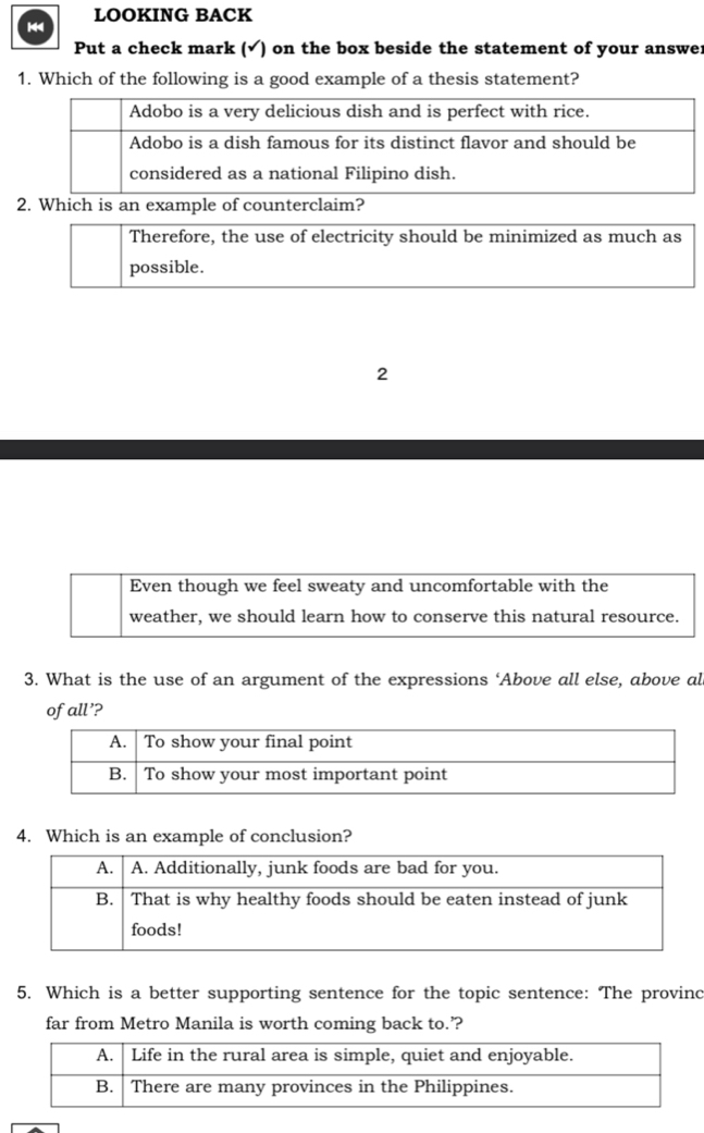 Solved: LOOKING BACK 144 Put a check mark (√) on the box beside the ...