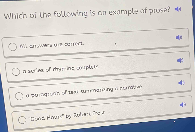 Solved: Which of the following is an example of prose? ) D All answers ...