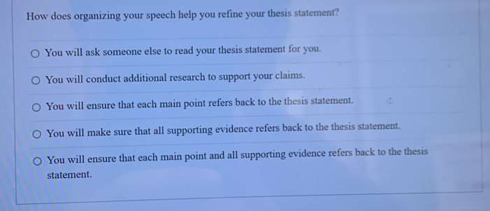 Solved: How does organizing your speech help you refine your thesis ...