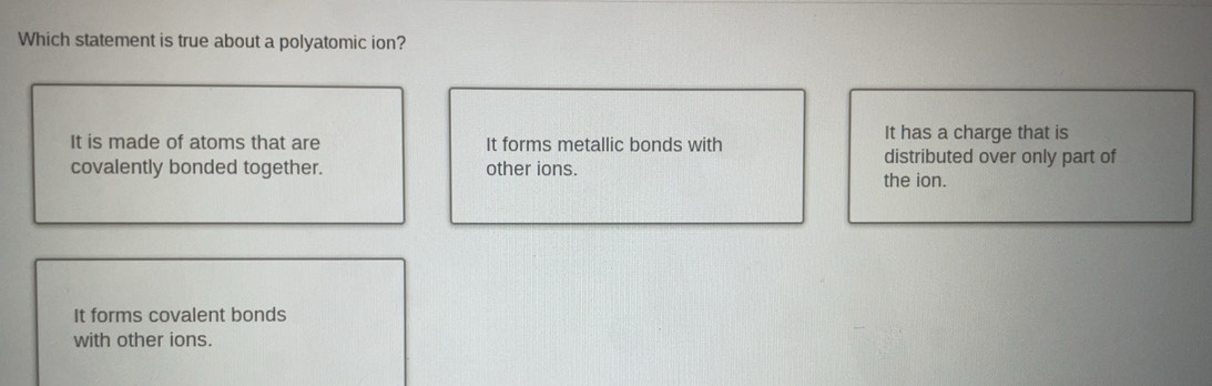 Solved: Which statement is true about a polyatomic ion? It has a charge ...