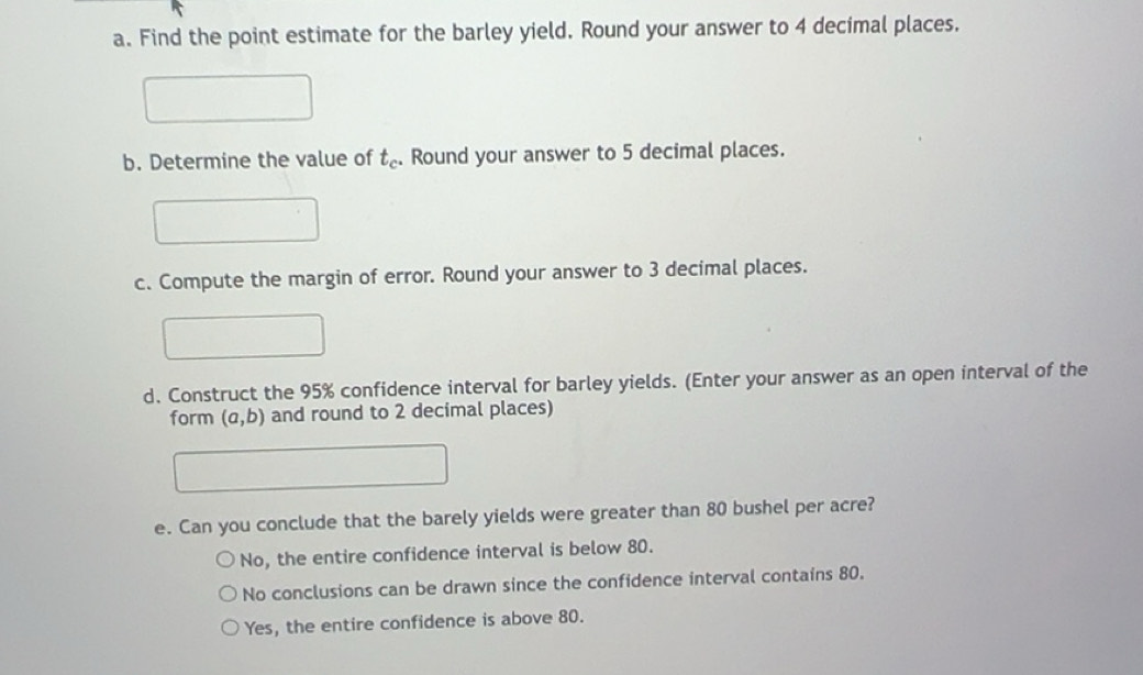 Solved: Find the point estimate for the barley yield. Round your answer ...