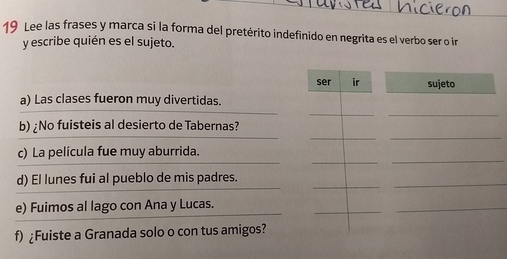 Gelöst:Lee las frases y marca si la forma del pretérito indefinido en ...