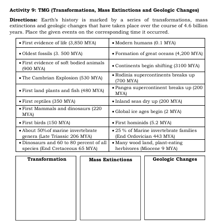 Solved: Activity 9: TMG (Transformations, Mass Extinctions and Geologic ...