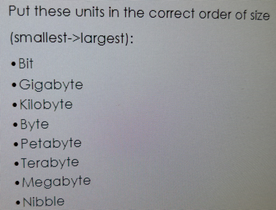 Solved: Put these units in the correct order of size (smallest->largest): Bit Gigabyte Kilobyt ...