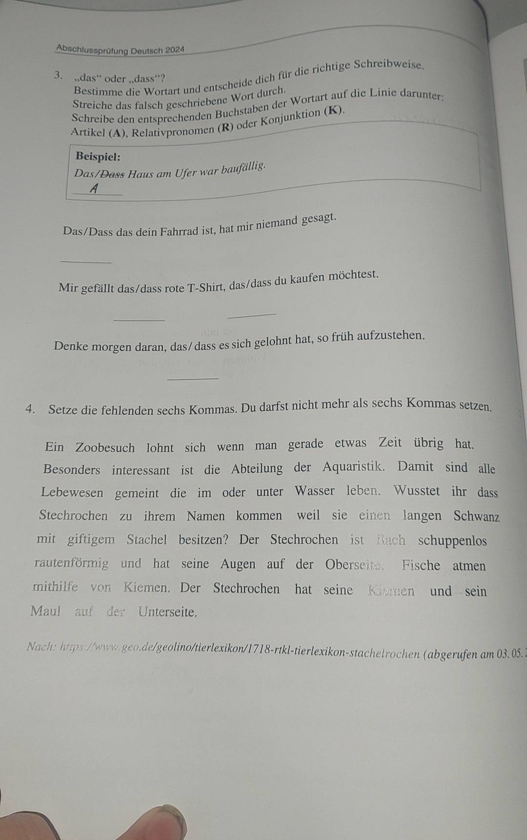 Gelöst:Abschlussprüfung Deutsch 2024 3. ,,das“ oder ,,dass“? Bestimme ...