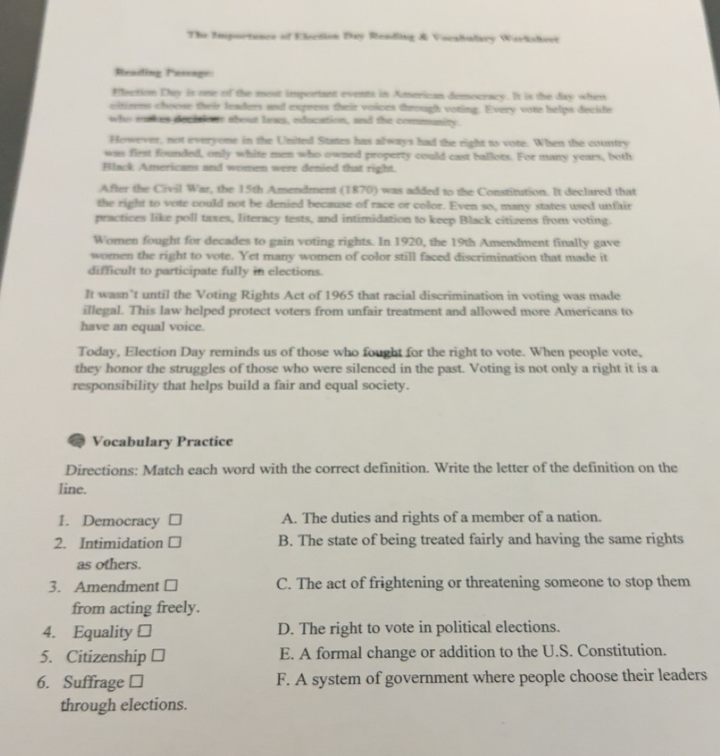 Solved: The Importance of Election Day Readling & Vocabulary Warkshect ...