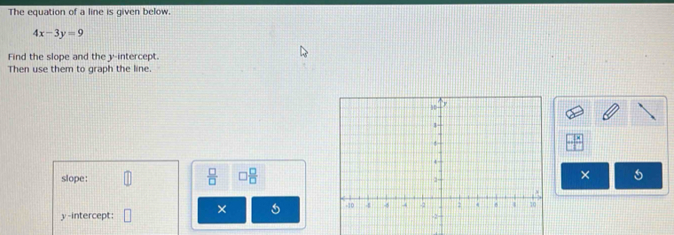 Solved: The equation of a line is given below. 4x-3y=9 Find the slope and the y-intercept. Then ...