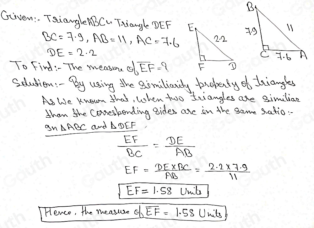Solved: Triangle ABC ~ triangle DEF. Use the image to answer the ...
