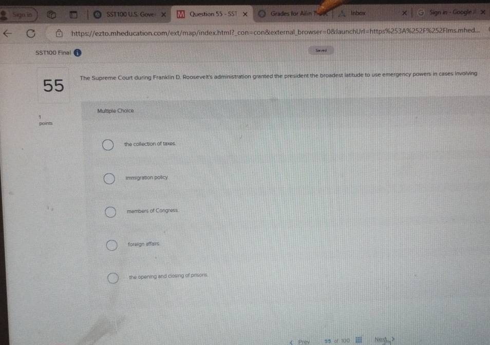Solved: Siga in SST100 U.S. Gover X Question 55 - SST Grades for Ailin ...