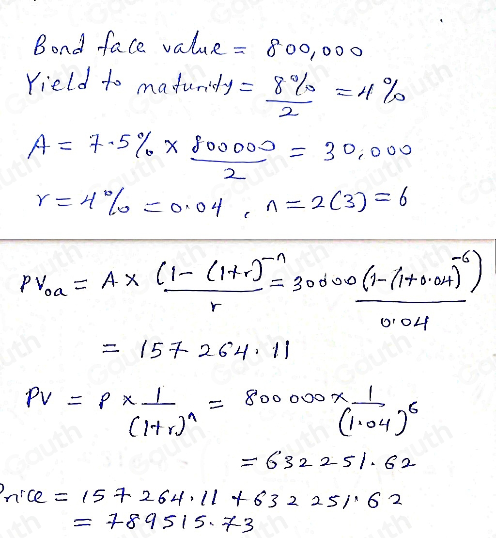 Solved: Chiculate the price of a bond with a face value of P800 000 to ...