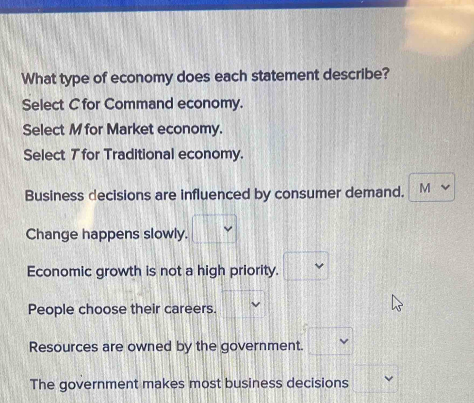 Solved: What type of economy does each statement describe? Select C for ...