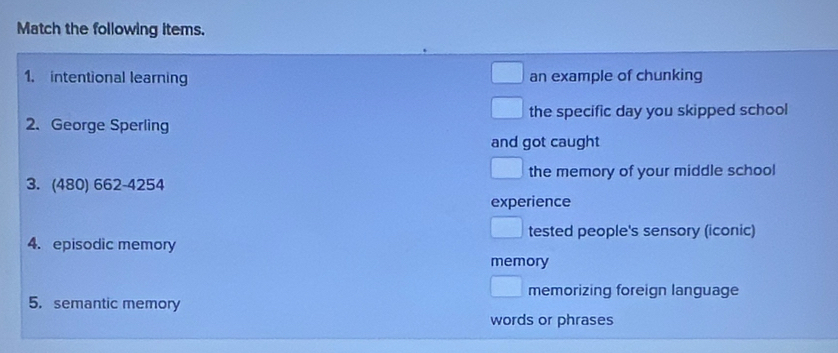 Solved: Match the following items. 1. intentional learning an example ...