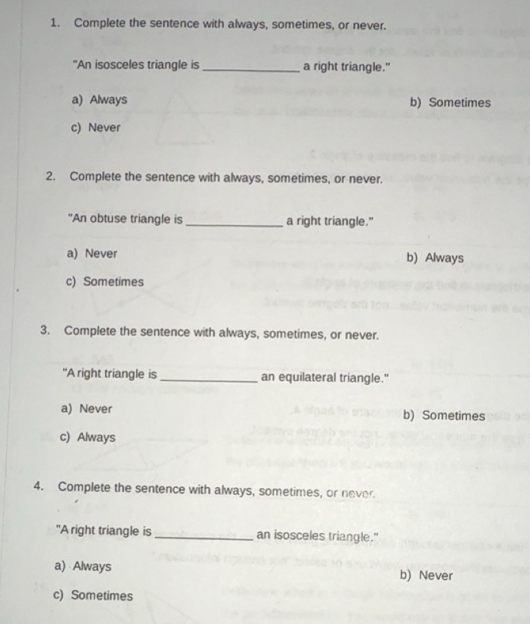 Solved: Complete the sentence with always, sometimes, or never. "An ...