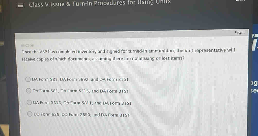 Solved: Class V Issue & Turn-in Procedures for Using Units Exam 08 02 06 Once the ASP has ...