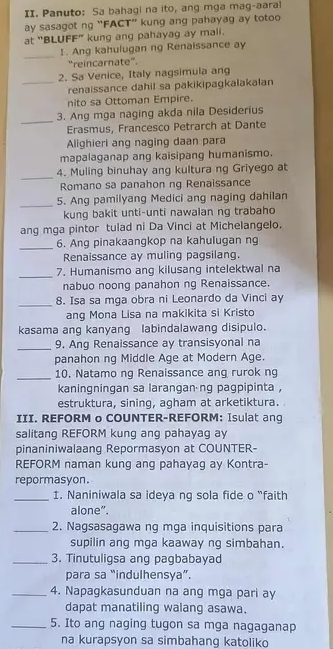 Solved: Panuto: Sa bahagi na ito, ang mga mag-aaral ay sasagot ng “FACT ...
