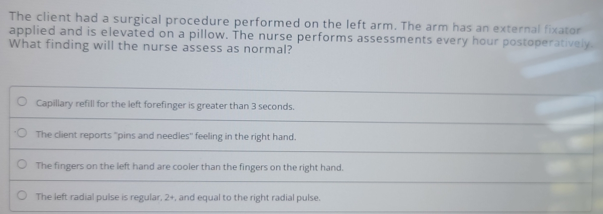 Solved: The client had a surgical procedure performed on the left arm ...