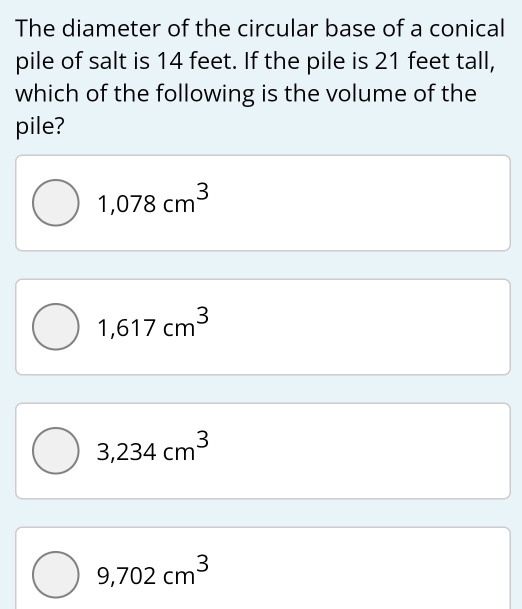 Solved: The diameter of the circular base of a conical pile of salt is ...