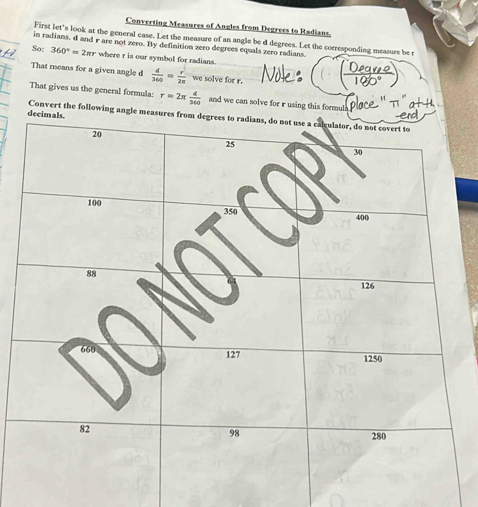 Solved: Converting Measures of Angles from Degrees to Radians. First ...