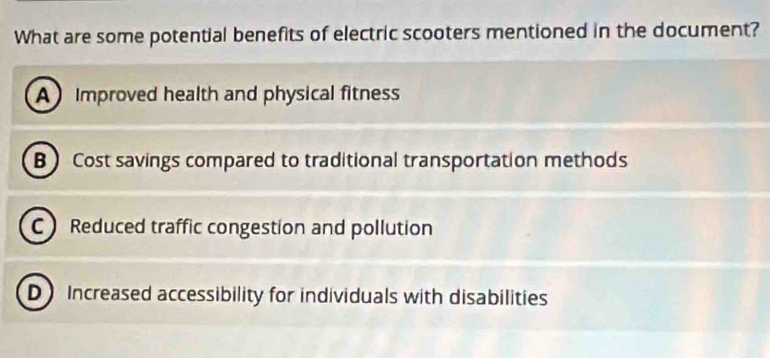 Solved: What are some potential benefits of electric scooters mentioned ...