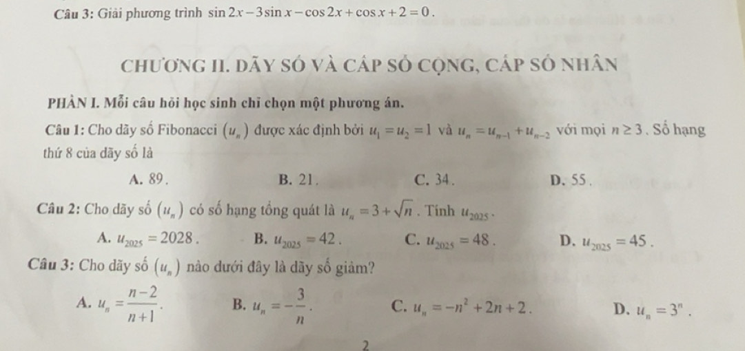 Giải quyết:Giải phương trình sin 2x-3sin x-cos 2x+cos x+2=0. chương II ...