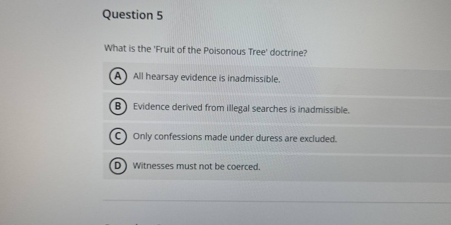 Solved: What is the 'Fruit of the Poisonous Tree' doctrine? A) All ...