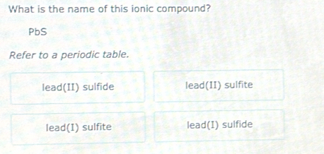 Solved: What is the name of this ionic compound? PbS Refer to a ...