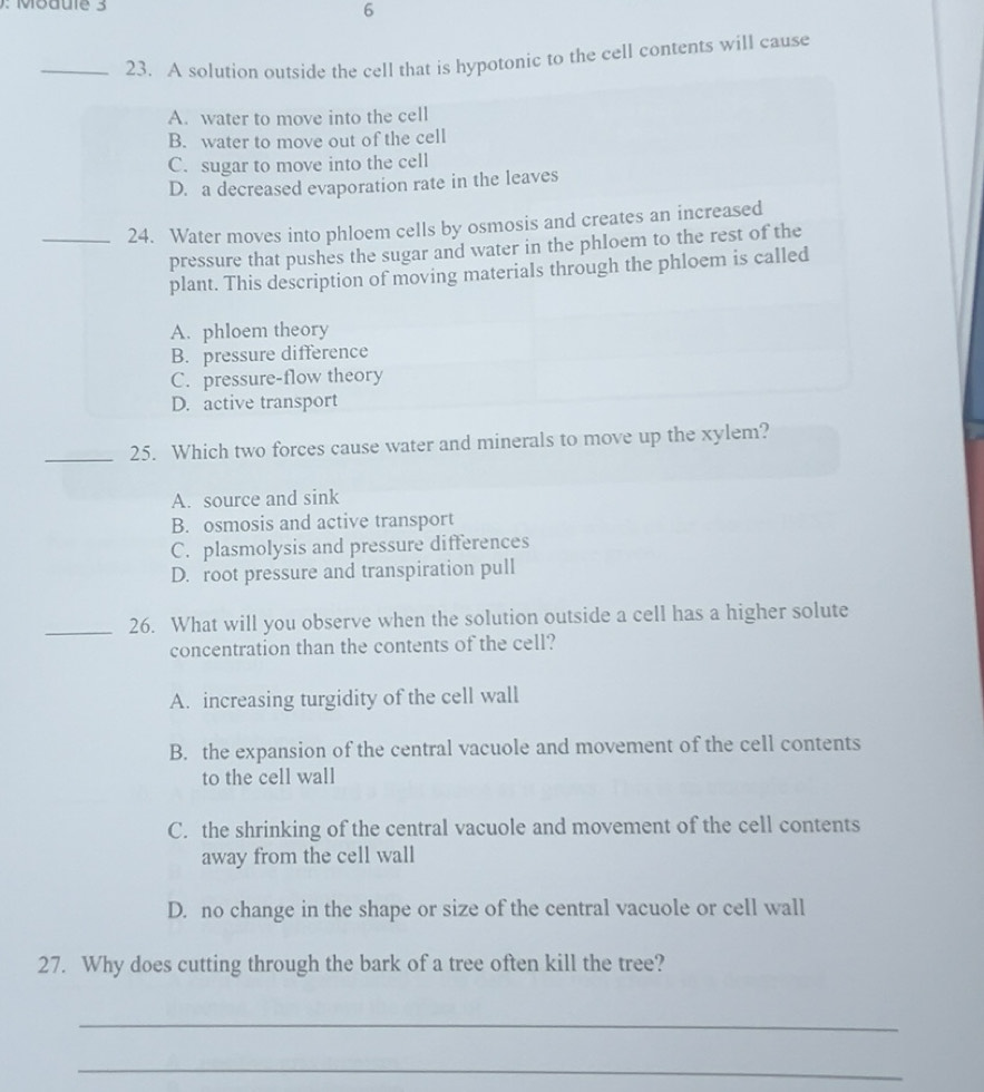 Solved: Module 3 6 _23. A solution outside the cell that is hypotonic to the cell contents will ...