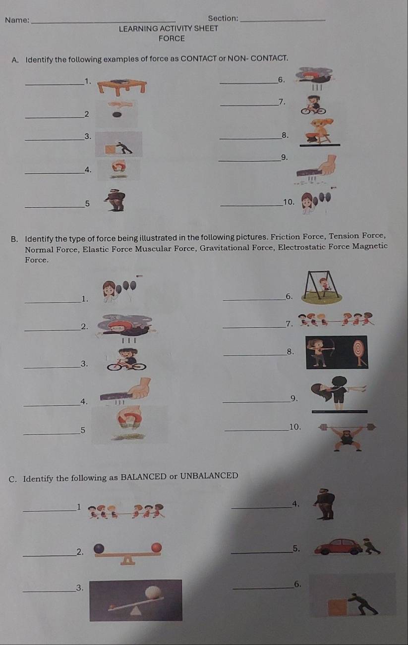 Solved: Name: _Section:_ LEARNING ACTIVITY SHEET FORCE A. Identify the ...