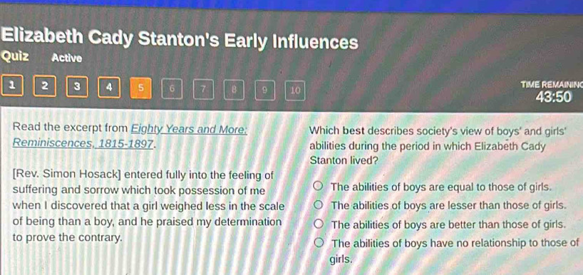 Solved: Elizabeth Cady Stanton's Early Influences Quiz Active 1 2 3 4 5 ...