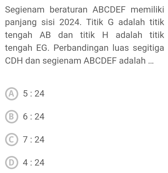 Telah dijawab:Segienam beraturan ABCDEF memiliki panjang sisi 2024. Titik G adalah titik tengah ...