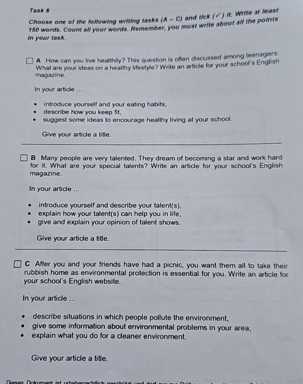 Gelöst:Task 8 Choose one of the following writing tasks (A-C) . and ...