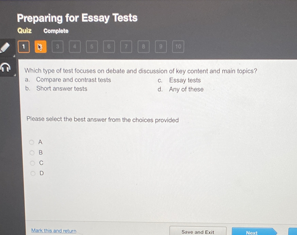 Solved: Preparing for Essay Tests Quiz Complete 1 3 4 5 6 7 B 9 10 ...